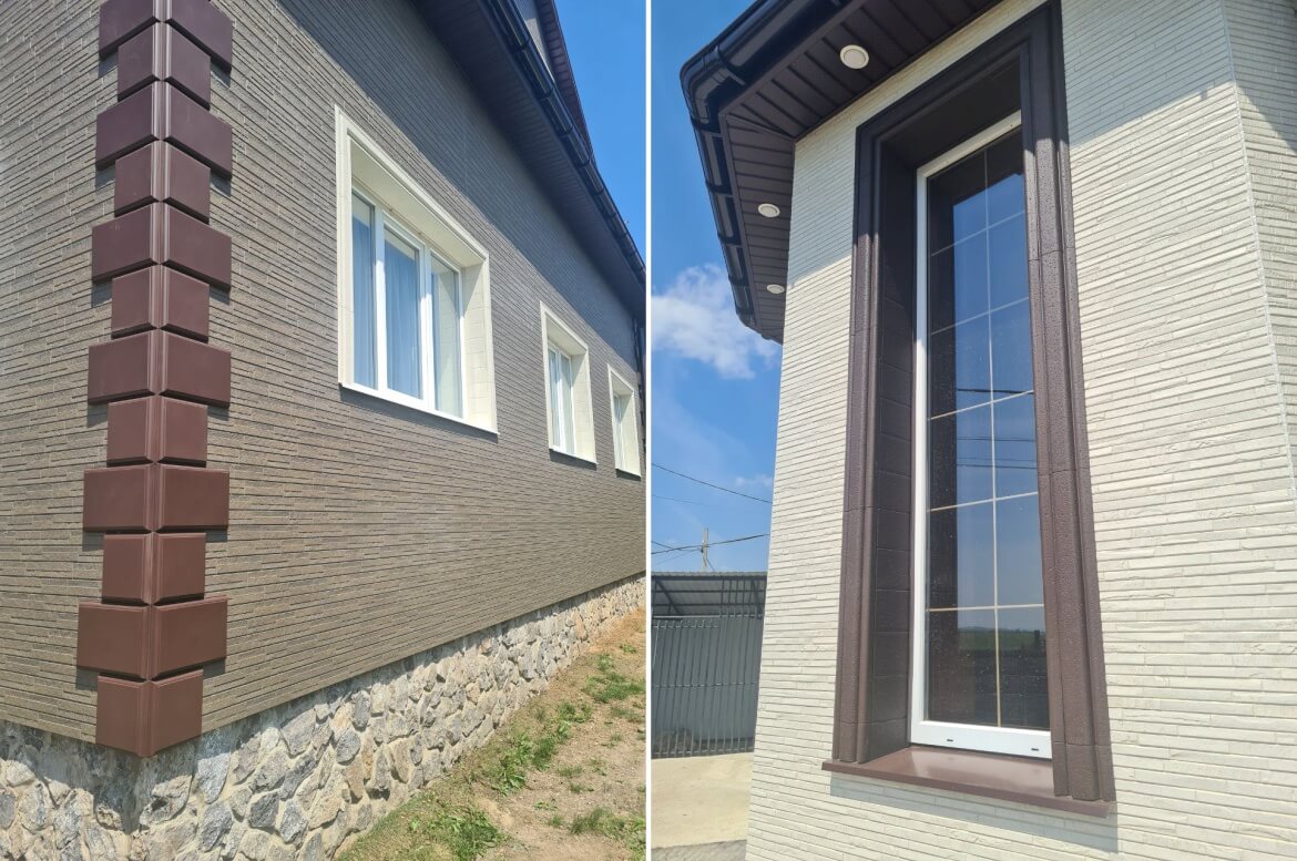 Фасад из японских фиброцементных панелей с цоколем из натурального камня.